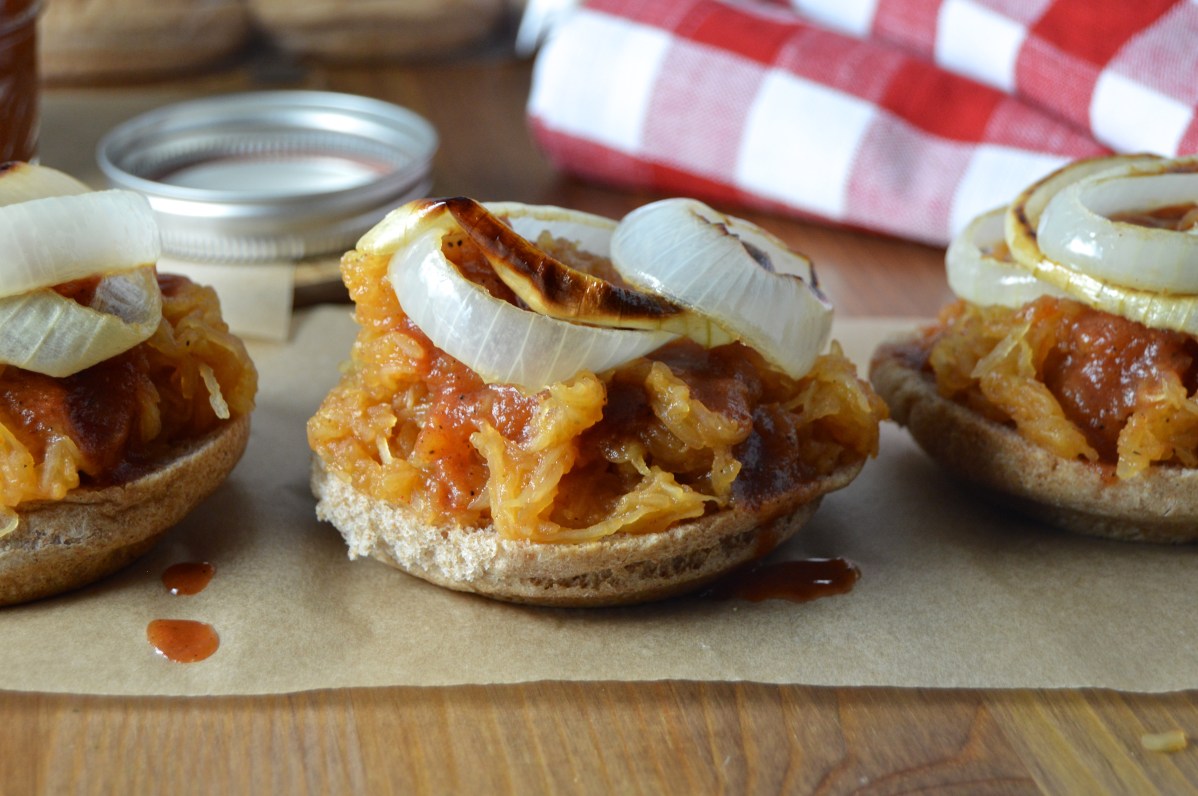 Vegan BBQ Spaghetti Squash Sliders with Roasted Onion Rings – Radiate ...